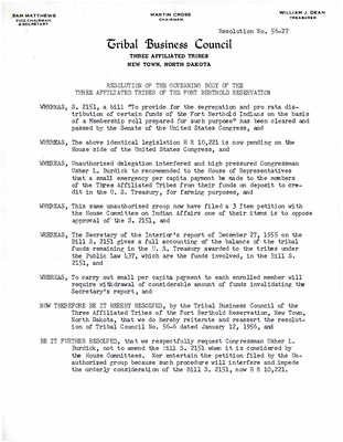 "Resolution Passed by the Three Affiliated Tribes Tribal Council Regard ...