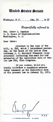 "Letter from US Senator William Langer to Representative Burdick Regard ...