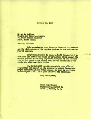 "Letter from Laura Knudson for Representative Burdick to J. A. Waldron ...