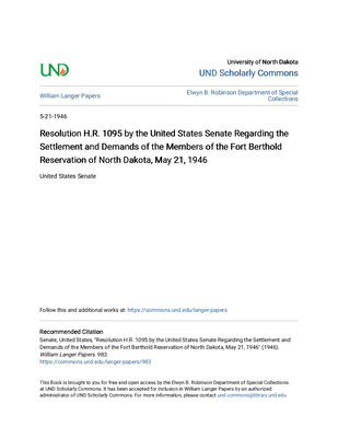"An Act for the Relief of the Indians of the Fort Berthold Reservation ...