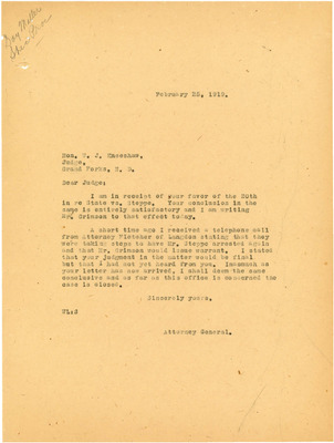 "Letter from Governor Langer To Judge W. J. Kneeshaw Regarding Kneeshaw ...