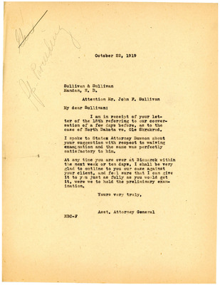 "Letter from Assistant Attorney General Cox to John F. Sullivan Regardi ...