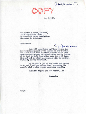 "Letter from Senator Langer to Martin Cross Thanking Cross for the Two ...
