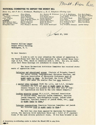 "Letter from Jerry J. O'Connell to Senator Langer Regarding the Mundt-N ...