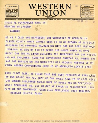 "Telegram from Hensler Helpful Club to Senator Langer Regarding Garriso ...