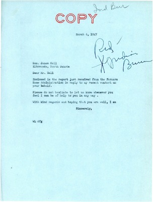 "Letter from Senator Langer to James Hall Regarding FHA Interest, March ...