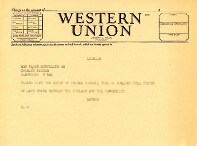 "Telegram from Senator Langer to Floyd Montclair or Charles Berger Rega ...