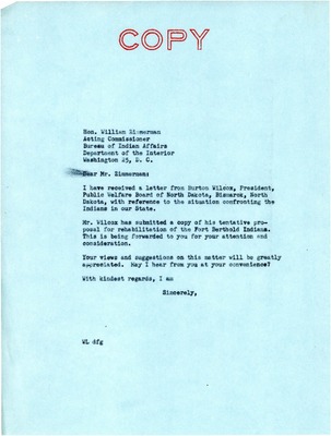 "Letter from Senator Langer to William Zimmerman Regarding Wilcox Reloc ...