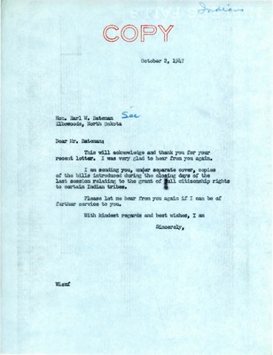 "Letter from Senator Langer to Earl W. Bateman Regarding the Granting o ...