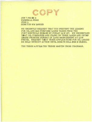"Telegram from Martin Cross to Senator Langer Asking Langer to Prevent ...