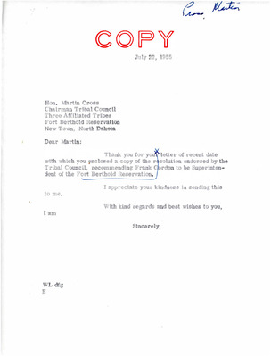 "Letter from Senator Langer to Martin Cross Thanking Cross for Sending ...