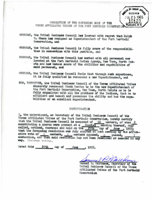 "Resolution of the Governing Body of the Three Affiliated Tribes of the ...