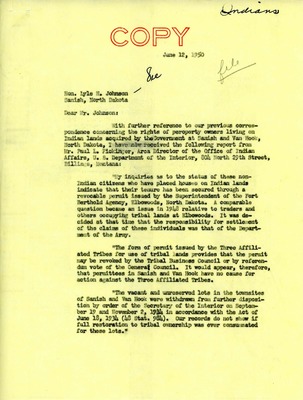 "Letter from Senator Langer to Lyle Johnson Regarding Non-Indian Proper ...