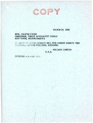 "Telegram from Senator Langer to Martin Cross Informing that US Senate ...