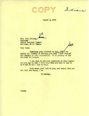 "Letter from Senator Langer to Carl Whitman Regarding the Ending of US ...