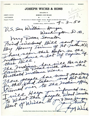 "Letter from Joseph Wicks to Senator Langer Regarding Standing Rock Res ...