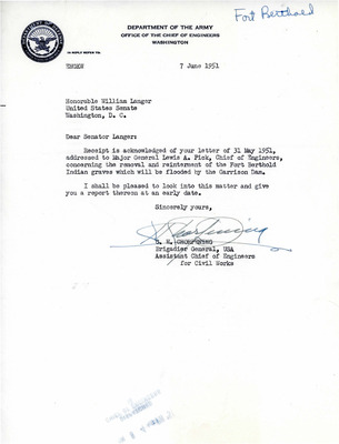 "Letter from C.H. Chorpening to Senator Langer Regarding Reinterment of ...