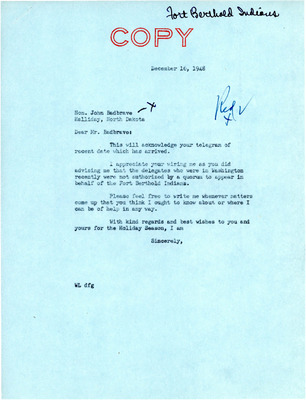 "Letters from Senator Langer to John Badbrave et al. Regarding Unauthor ...