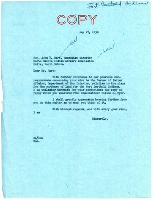 "Letter from Senator Langer to John Hart Regarding the Response to Hart ...