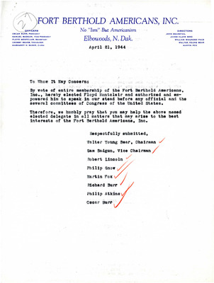 "Letter from Fort Berthold Americans Incorporated to Senator Langer Reg ...