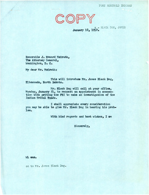 "Letter from Senator Langer to J. Howard McGrath Regarding James Black ...