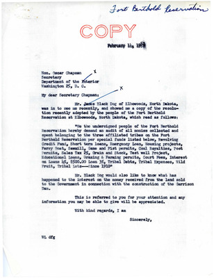 "Letter from Senator Langer to Oscar Chapman Regarding Resolution Deman ...