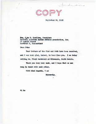 "Letter from Senator Langer to John Hamilton Regarding His Corresponden ...