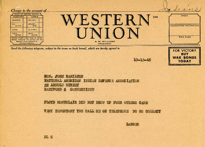 "Telegram from Senator Langer to John Hamilton Regarding Floyd Montclai ...