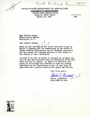 "Letter from Walter Maddock to Senator Langer Regarding Loans on the Fo ...