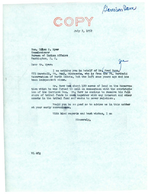 "Letter from Senator Langer to Dillon S. Myer Regarding Fred Burr's Req ...