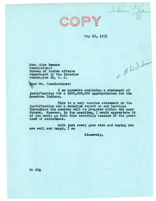 "Letter from Senator Langer to Glenn Emmons Regarding $200,000,000 appr ...