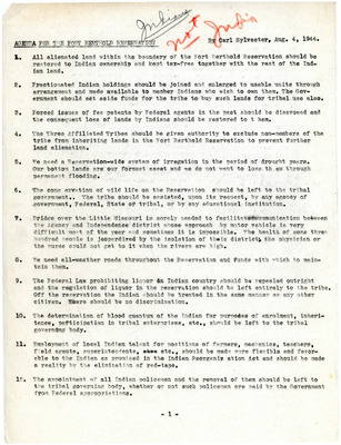 ""Agenda for the Fort Berthold Reservation" by Carl Sylvester, August 4 ...