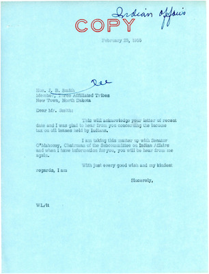 "Letter from Senator Langer to J. B. Smith Regarding Income Tax on Oil ...