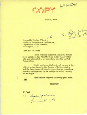 "Letter from Senator Langer to Wesley D'Ewart Regarding Election Reques ...