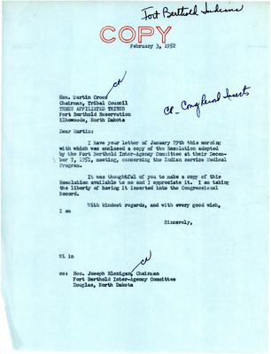 "Letter from Senator Langer to Martin Cross Regarding Fort Berthold Int ...