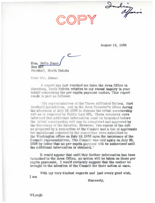 "Letter from Senator Langer to Rollo Jones Regarding Per Capita Payment ...