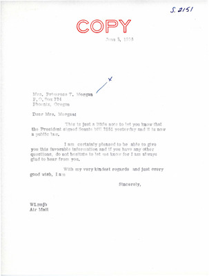 "Letter from Senator Langer to Primrose Morgan Informing Her that US Se ...