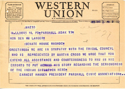"Telegram from Earnest Haugen to Senator Langer Asking Langer to Assist ...