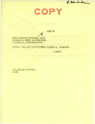 "Telegram from Senator Langer to Earnest Haugen Responding to March 19 ...