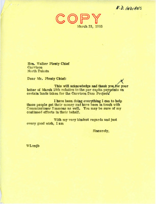 "Letter from Senator Langer to Walter Plenty Chief Regarding Per Capita ...