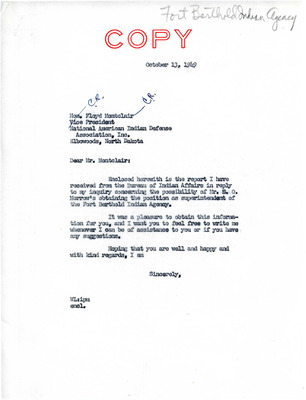 "Letter from Senator Langer to Floyd Montclair Regarding Montclair's Re ...
