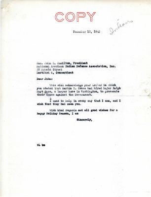 "Letter from Senator Langer to John Hamilton Regarding Letter Informing ...