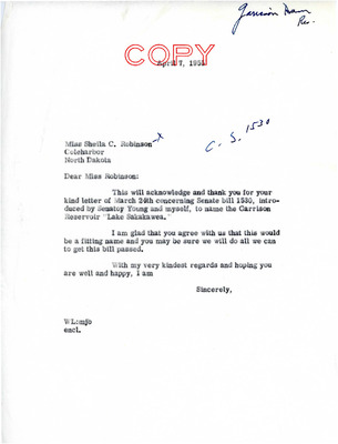 "Letter from Senator Langer to Sheila C. Robinson Regarding Naming Garr ...