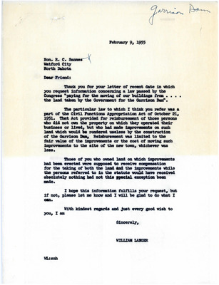 "Letter from Senator Langer to R. C. Sannes Regarding Funding to Move B ...