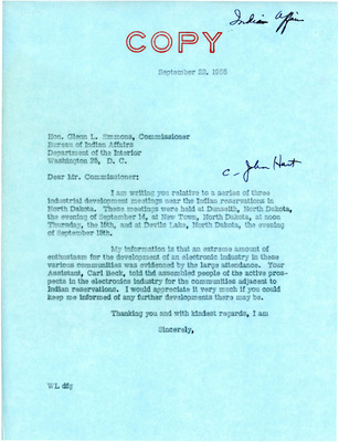 "Letter from Senator Langer to Glenn L. Emmons Regarding Industrial Dev ...